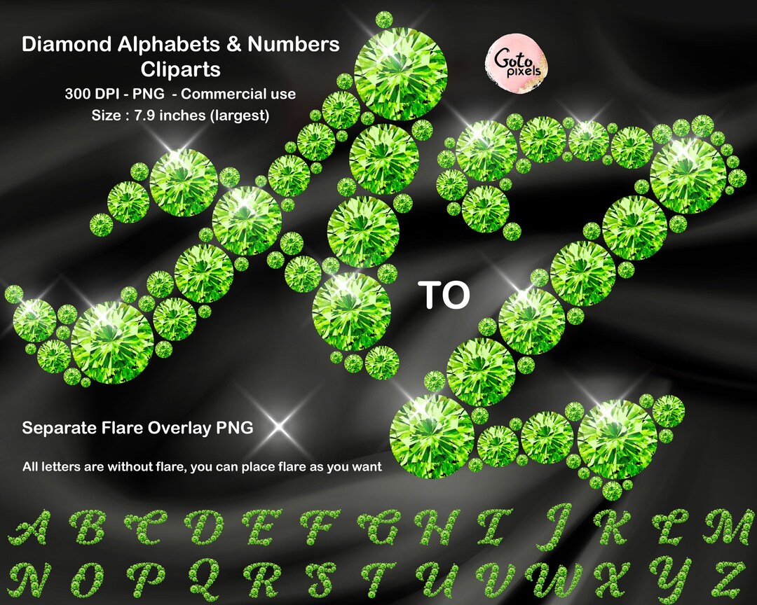 Emerald Diamond Alphabet Script Digital PNG Clip Art Letters, Numbers ...