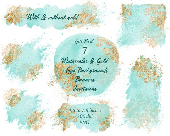 Aqua Watercolor Gold Clipart Aqua Watercolor Splash | Etsy