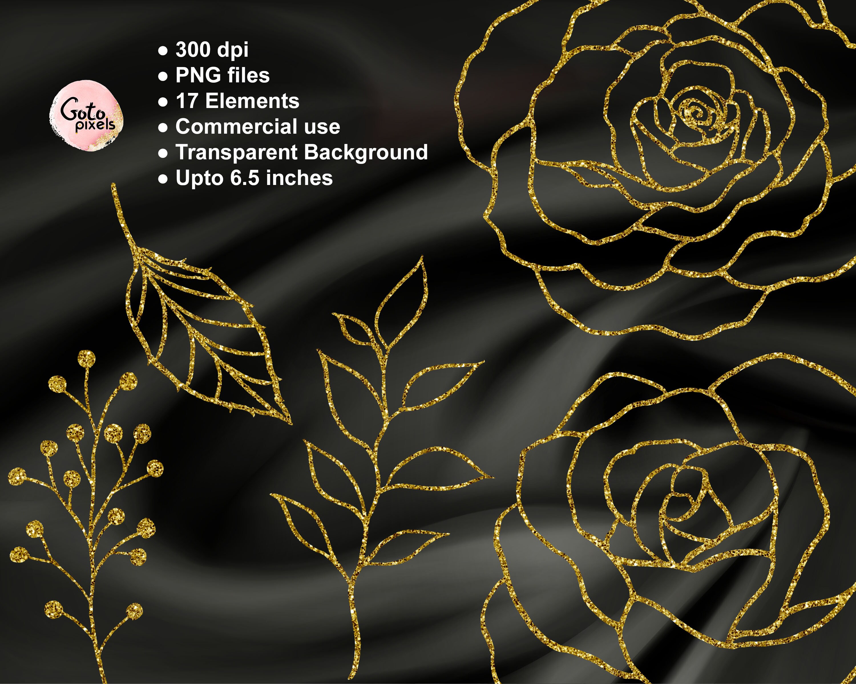 Emerald Rose Clipart: Gold Glitter Watercolor Flowers (digital Download ...