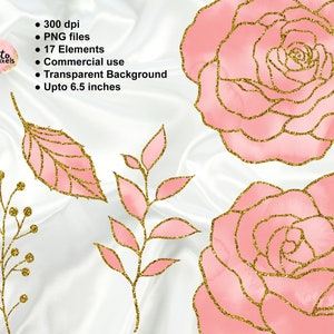 Pink Watercolor and Gold Glam Rose Clip Art, Digital Instant Download ...