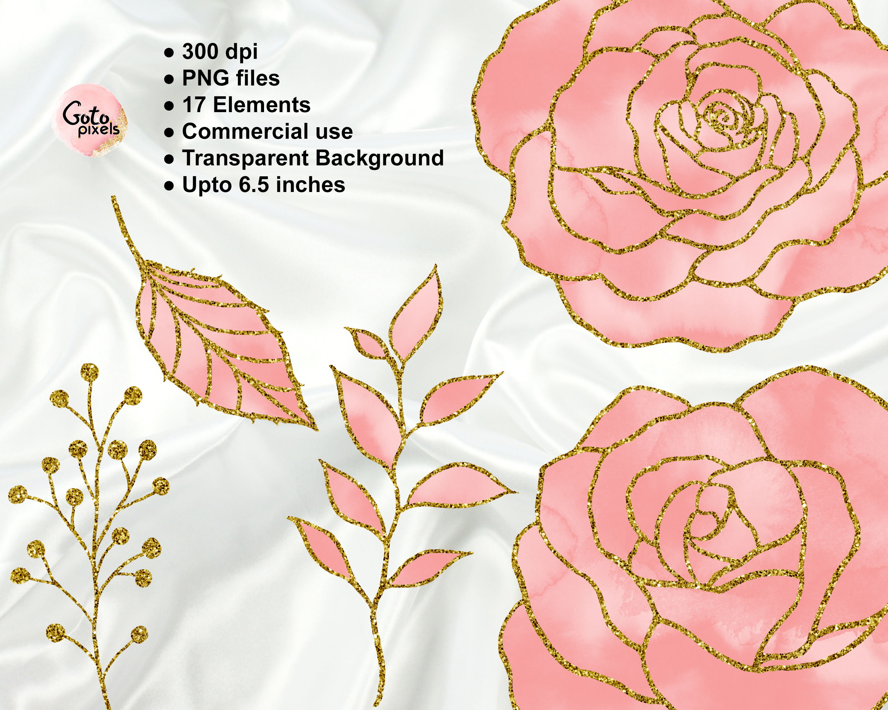 Pink Watercolor and Gold Glam Rose Clip Art Digital Instant - Etsy