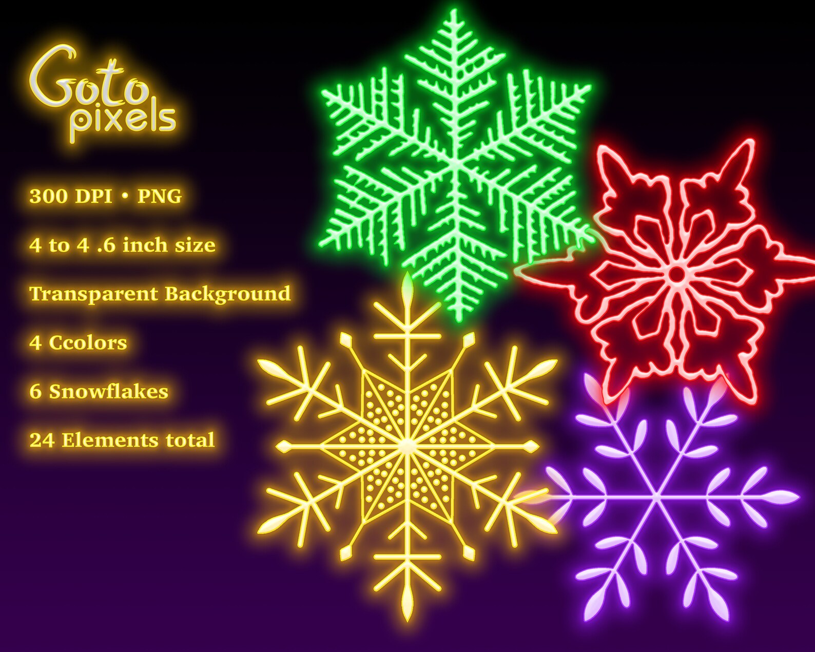 Neon Snowflakes PNG Clipart Transparent Background Yellow - Etsy