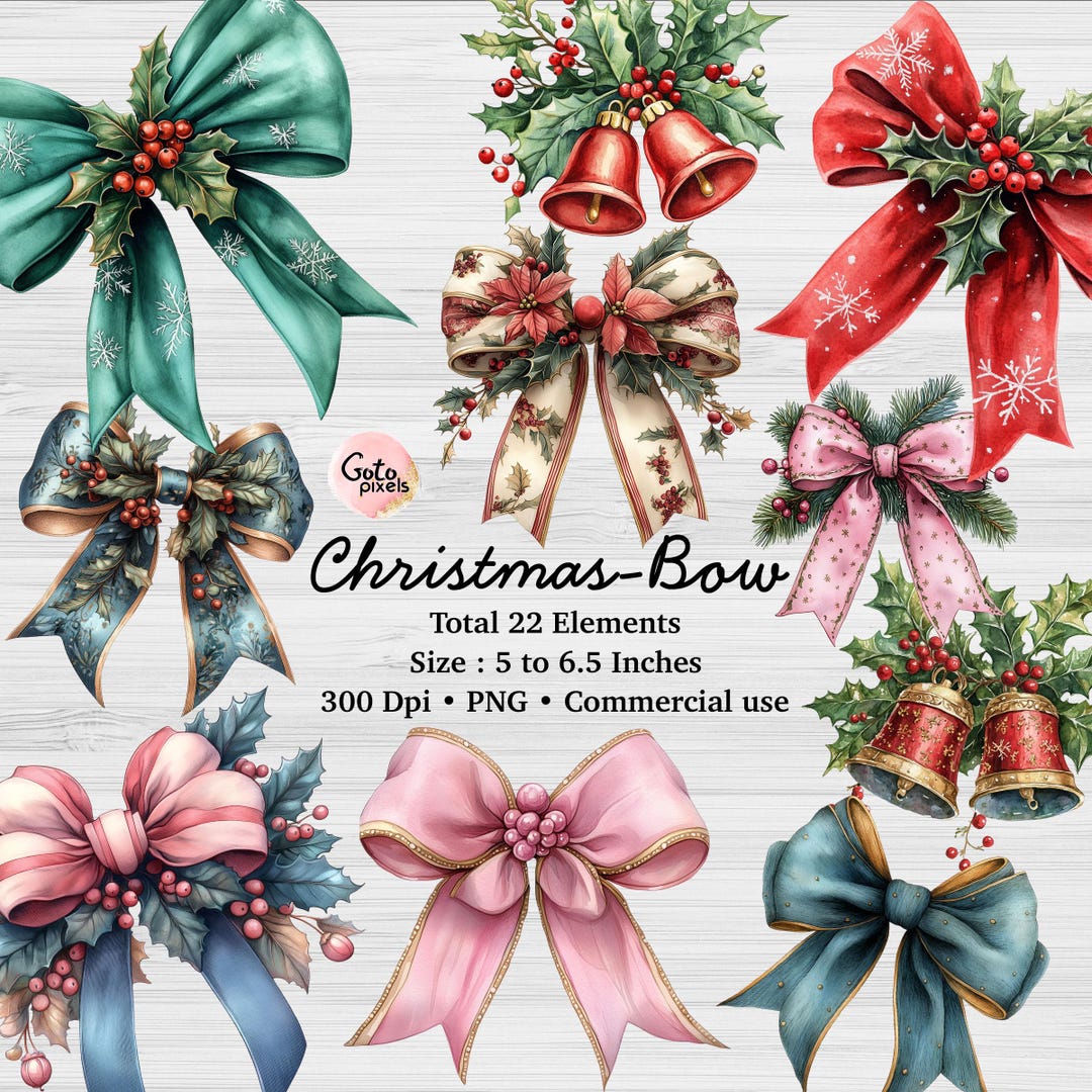 Watercolor Christmas Bows Clipart: Holiday PNG (digital Download) - Etsy