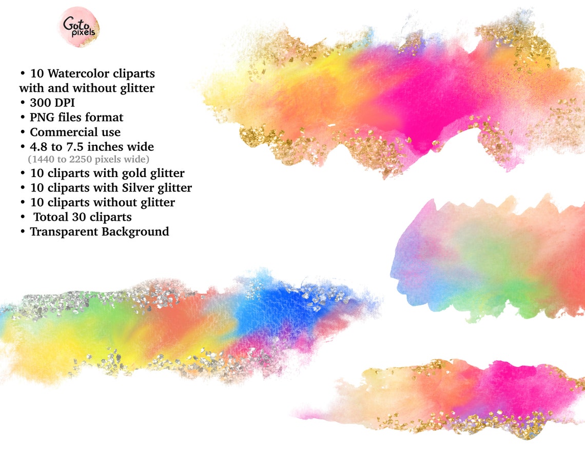 Rainbow Watercolor Brush Strokes Clipart: Gold Glitter Splash (digital ...