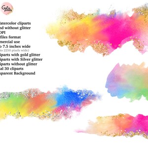 Rainbow Watercolor Brush Strokes Clipart: Gold Glitter Splash (digital ...