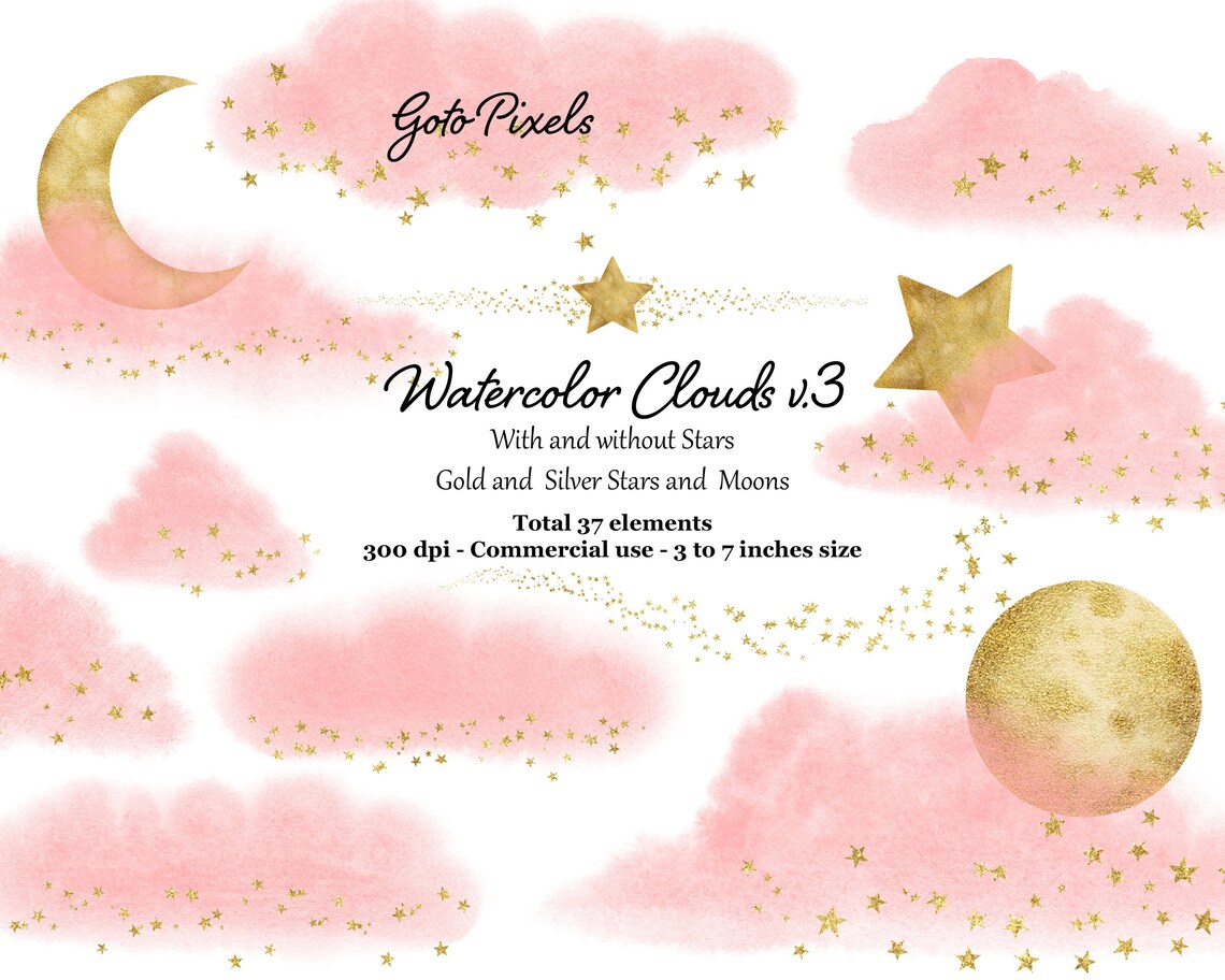 Pink Watercolor Clouds Clipart With Gold Stars Glitter Clouds - Etsy