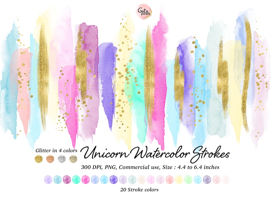 Unicorn Watercolor Brush Strokes Clipart: Rainbow Gold (digital ...