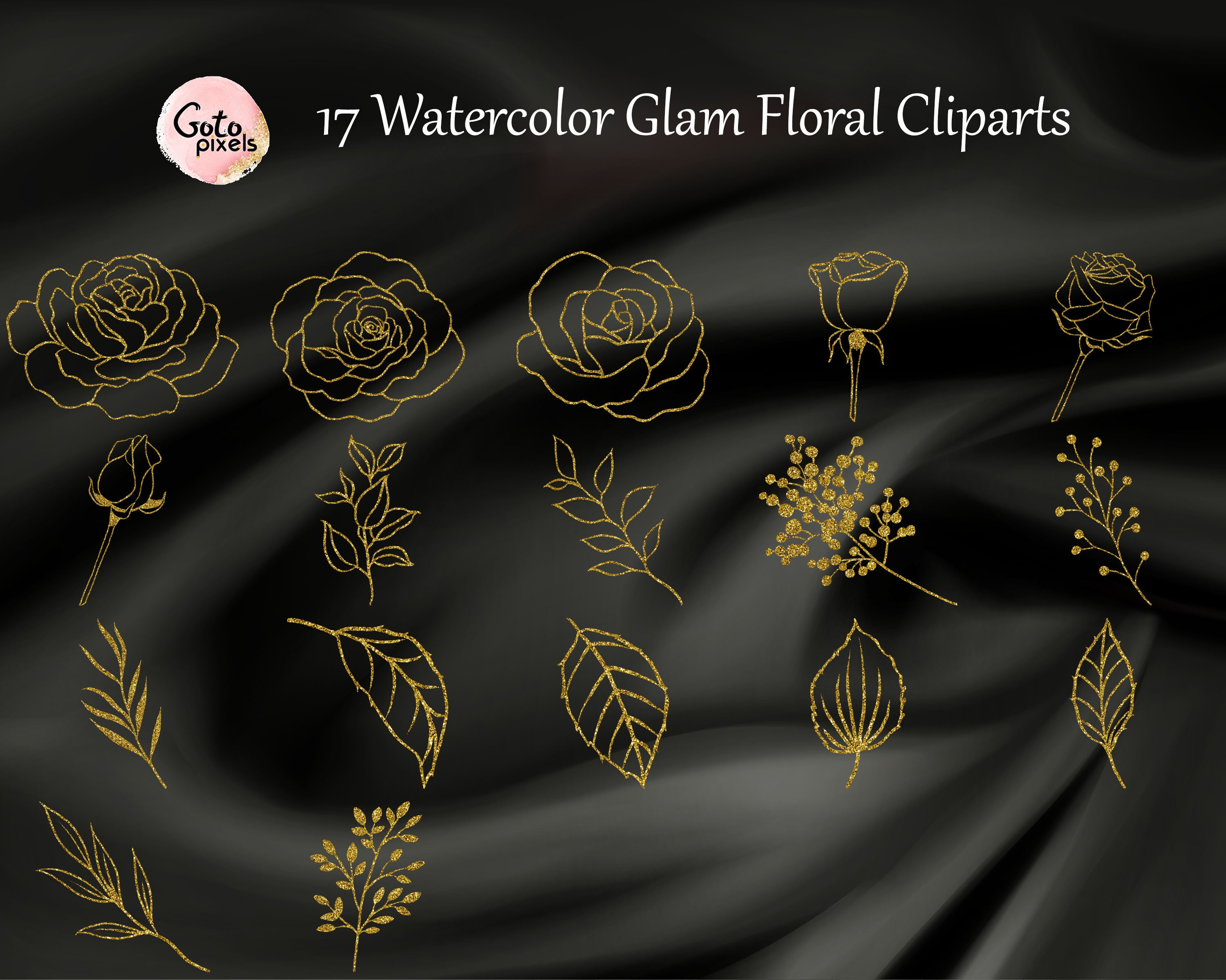 Emerald Rose Clipart: Gold Glitter Watercolor Flowers (digital Download ...