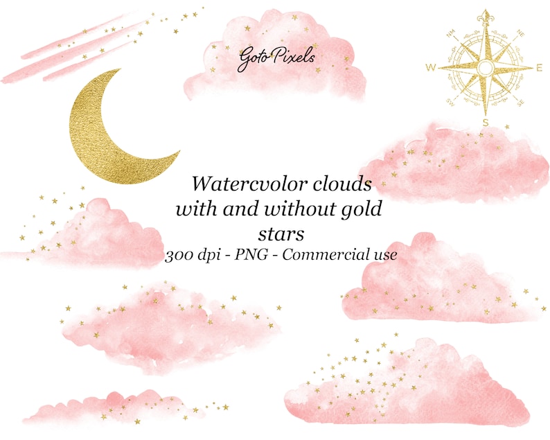 Pink Watercolor Clouds Clipart With Gold Stars Glitter Clouds | Etsy