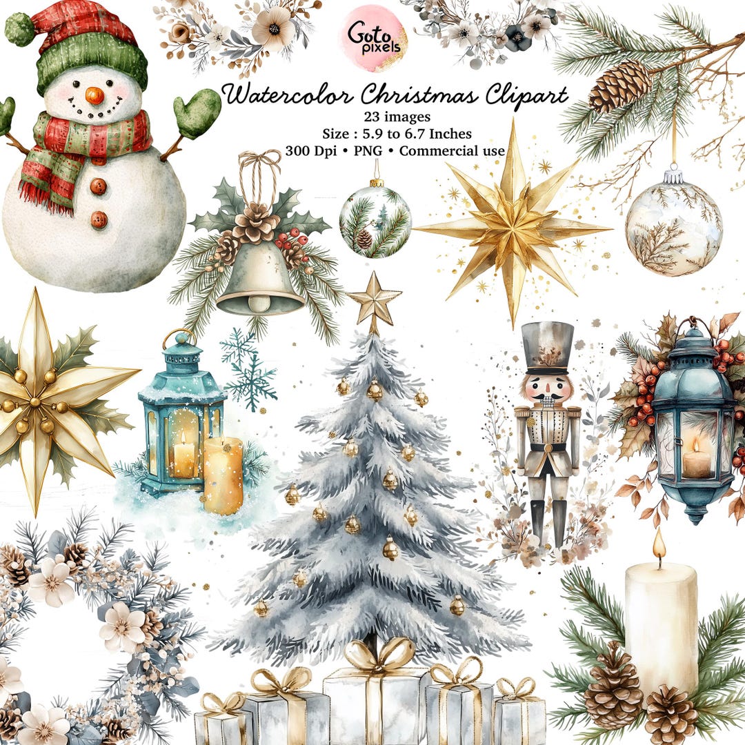 Watercolor Christmas Clipart: PNG Holiday Graphics (commercial Use) - Etsy