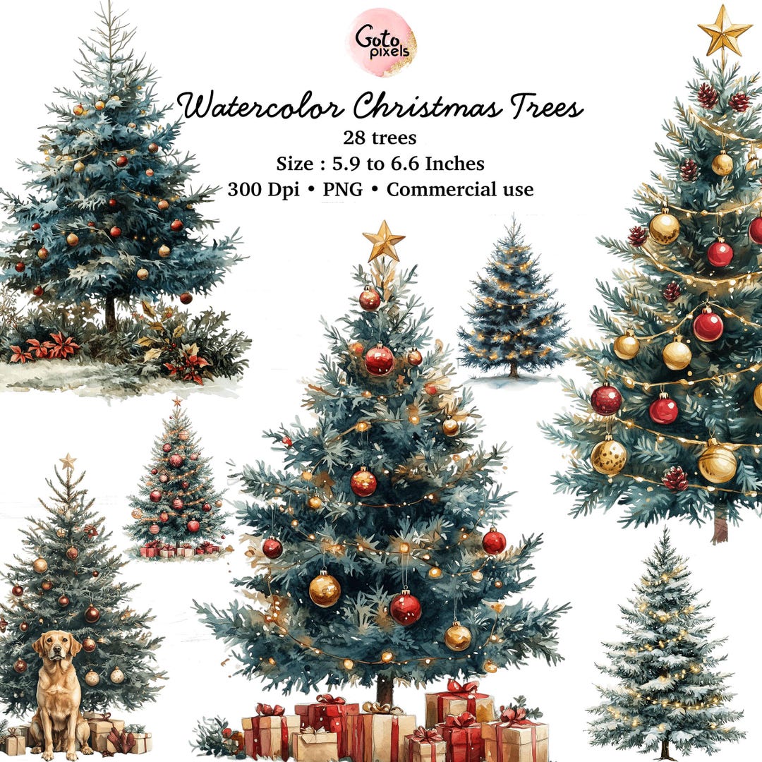 Watercolor Christmas Tree Clipart, Vintage Christmas Tree Clip Art ...