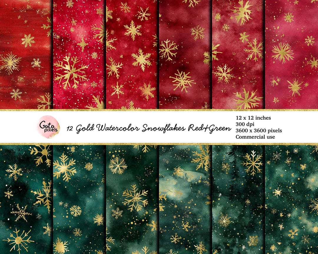 Gold Snowflakes Christmas Paper: Red & Green Watercolor (digital ...