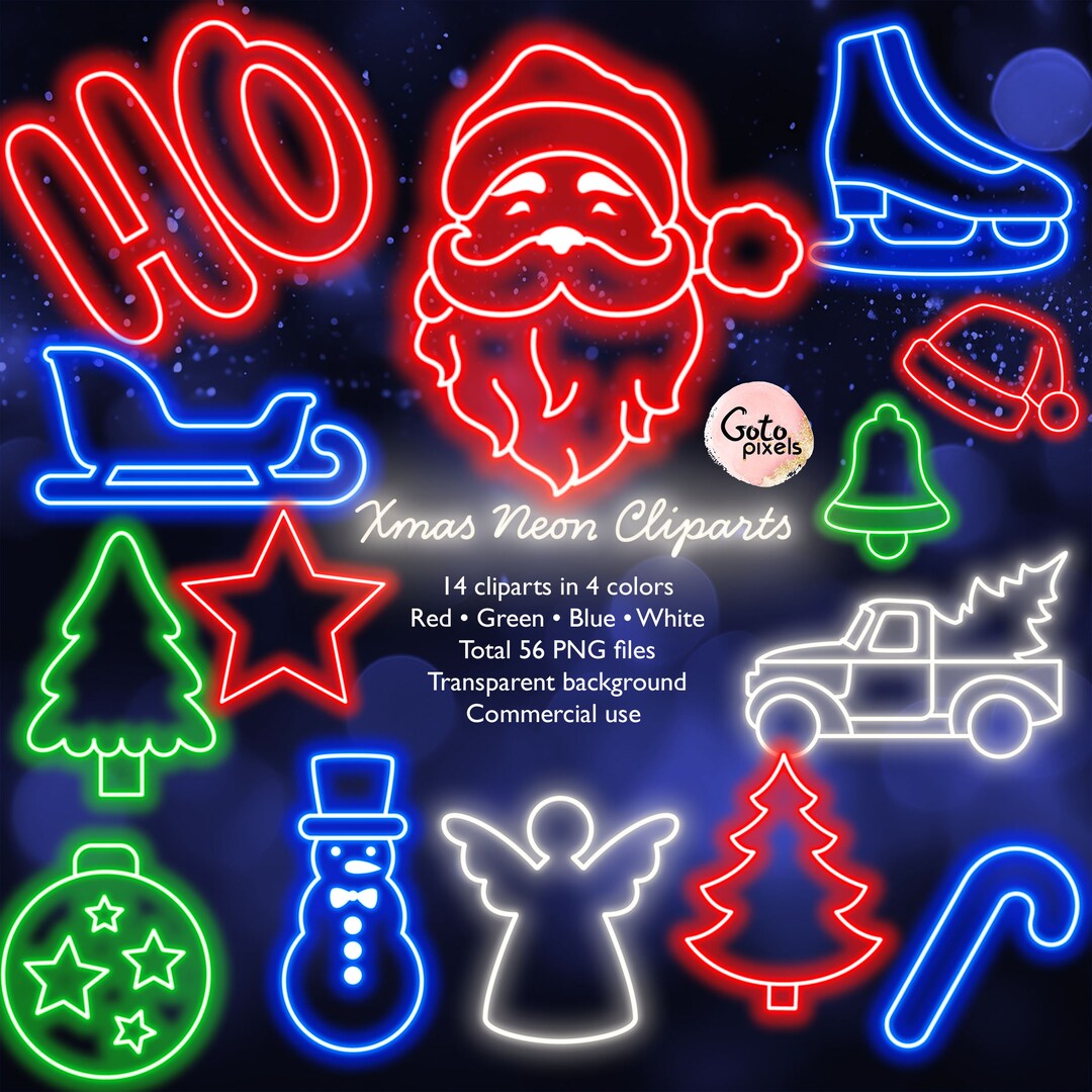 Neon Christmas PNG Cliparts, Neon Clipart, Neon Santa Face, Ho Ho ...