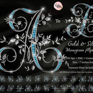 Gold Monogram Alphabet With Blue Diamond PNG Clipart, Silver Monogram ...