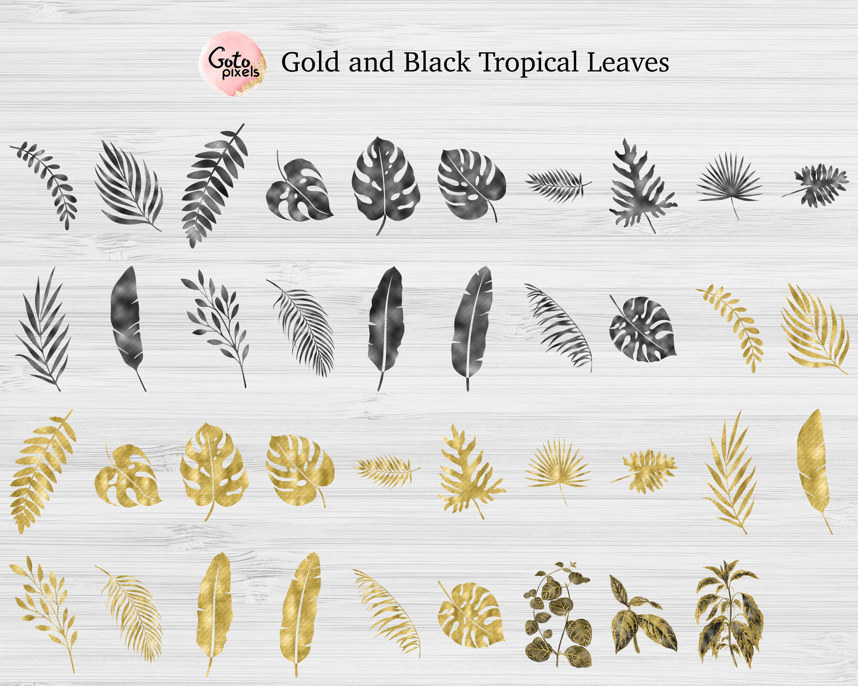 Black and Gold Tropical Leaves Clipart Gold Foil Tropical - Etsy