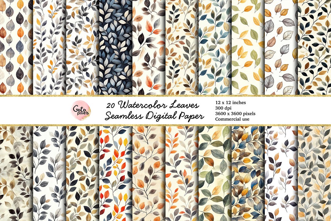 Watercolor Colorful Leaves Digital Paper, Seamless Leaves Design for ...