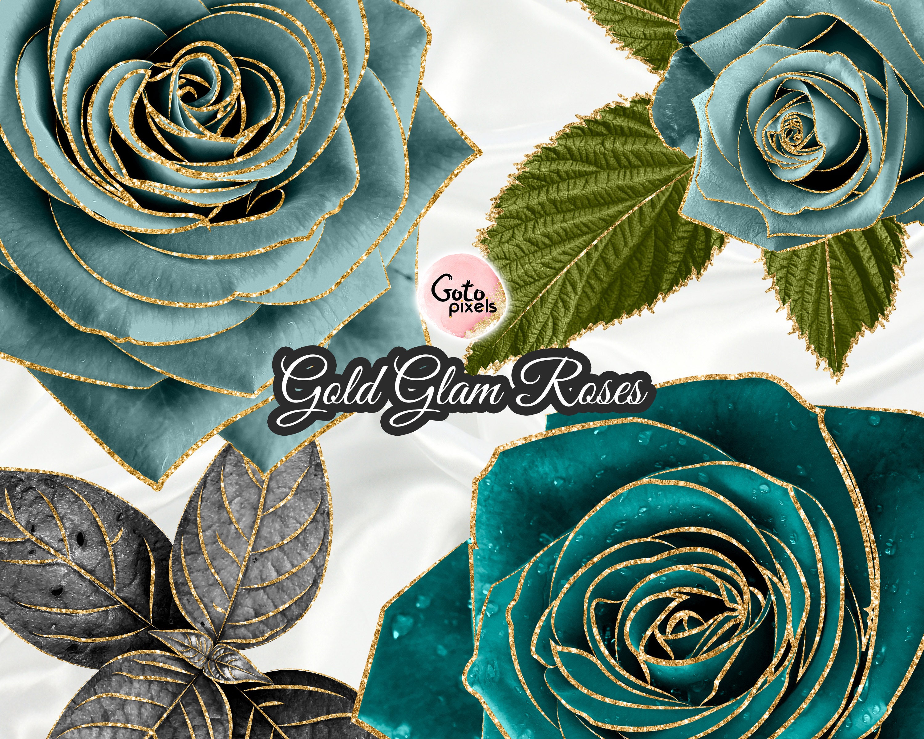 Aqua Gold Glitter Rose Clip Art: PNG Flower Embellishments (digital ...
