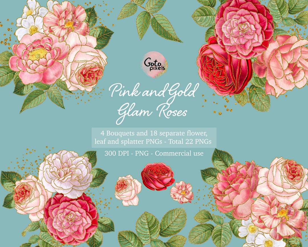 Red and Gold Glam Rose Clip Art: Vintage Flower PNG (digital Download ...