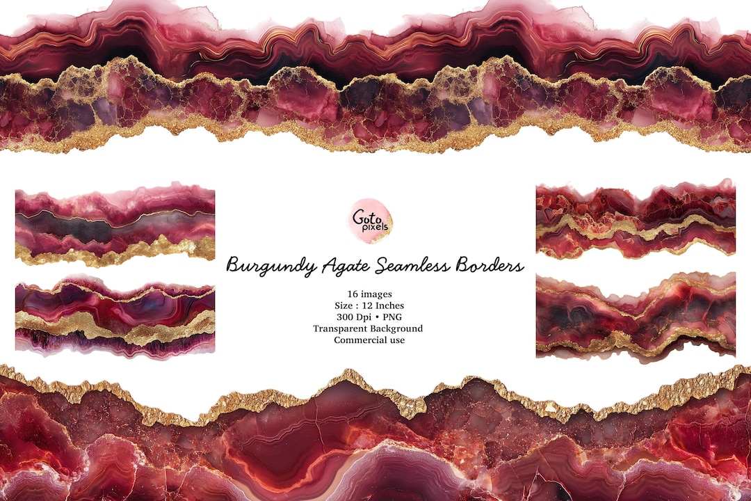 Burgundy Gold Agate Borders: Seamless Clip Art Overlays (digital ...