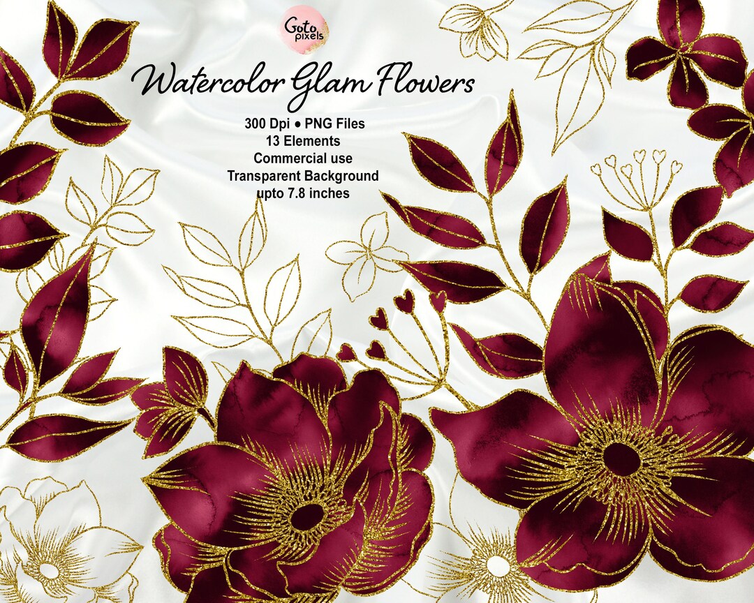 Wine Watercolor Gold Flower Clip Art: Glitter PNG Embellishments ...