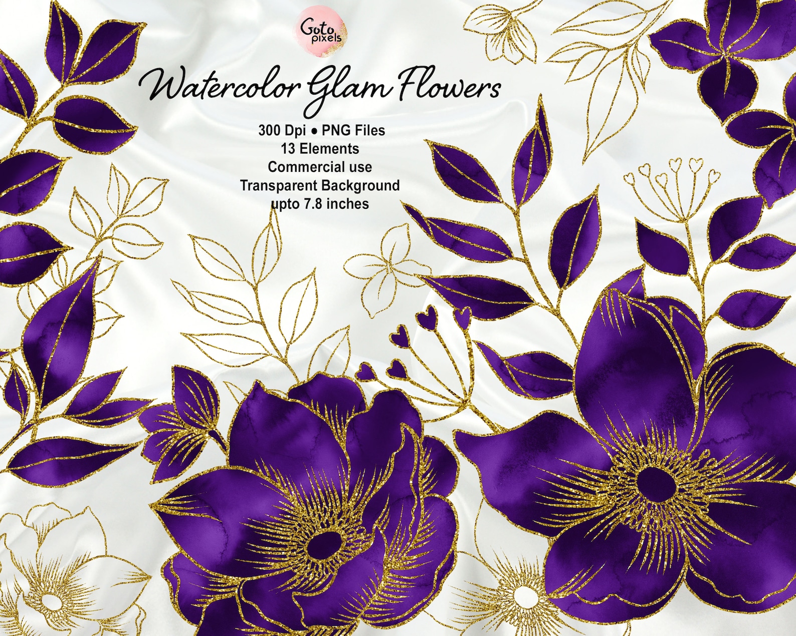 Purple Watercolor and Gold Glam Flower Clip Art Digital - Etsy