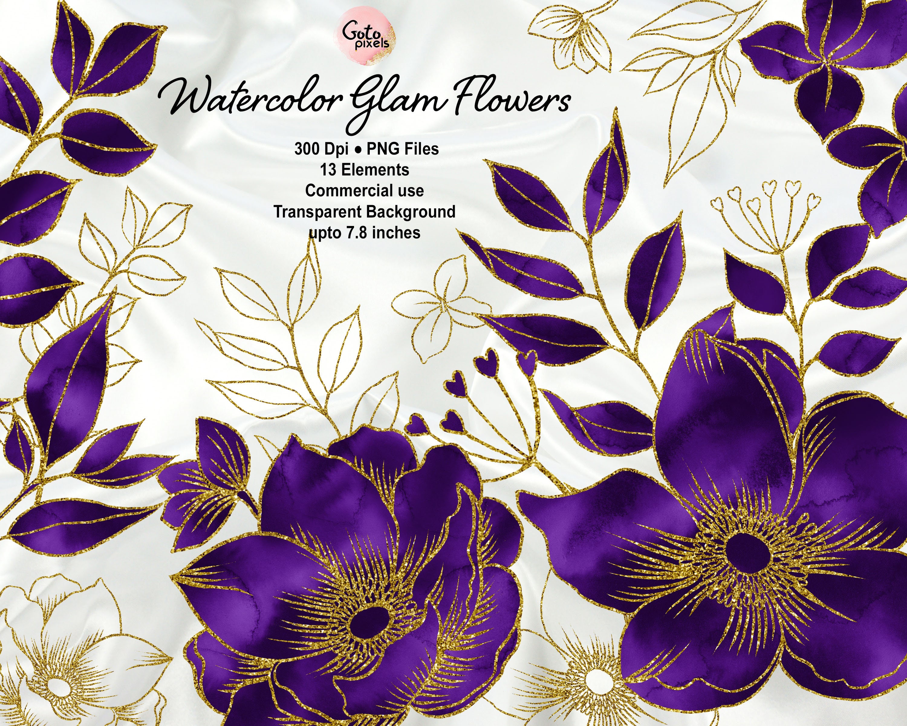 Purple Watercolor and Gold Glam Flower Clip Art Digital | Etsy