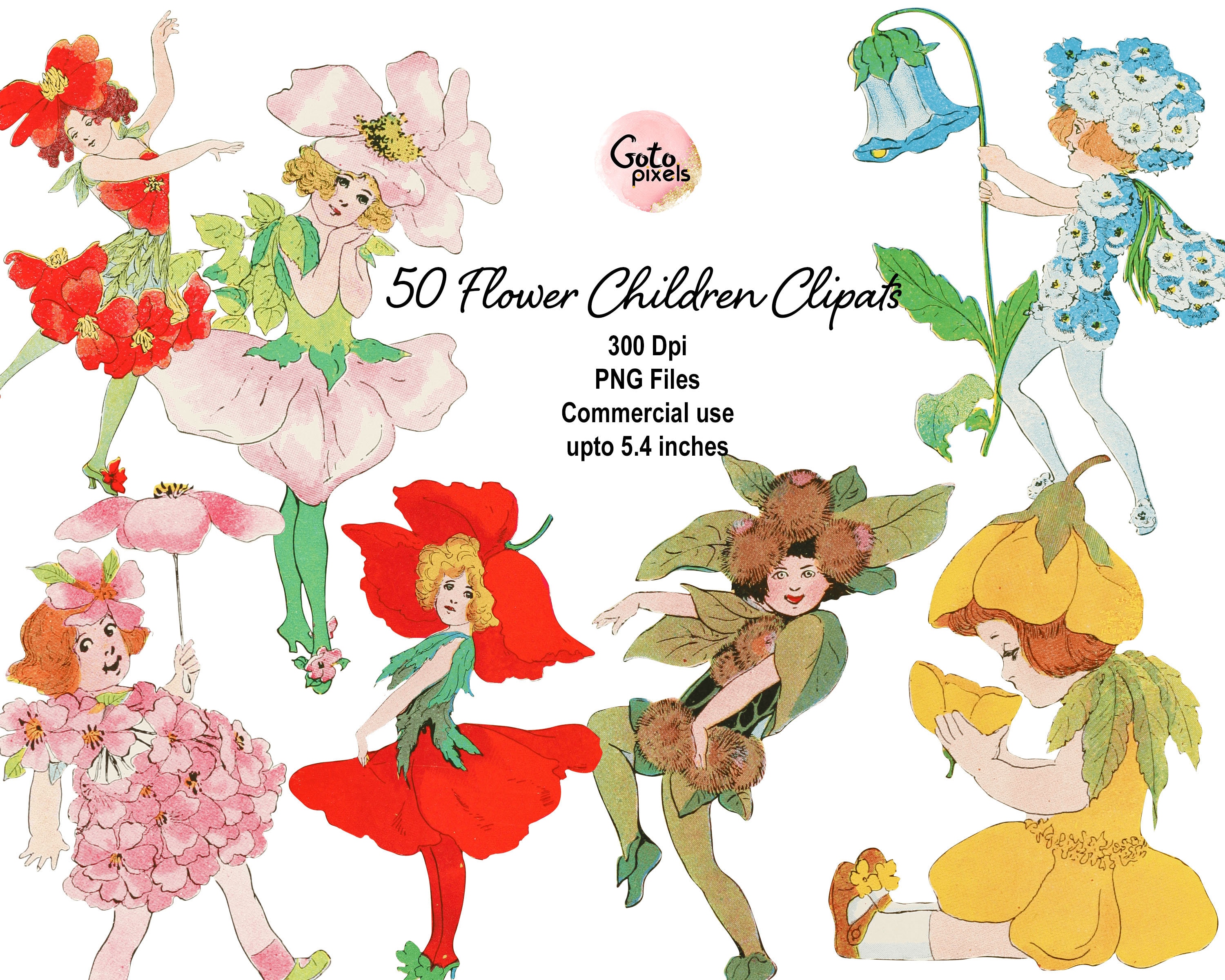 50 Vintage Flower Children Cliparts PNG Files Circa 1910 by - Etsy