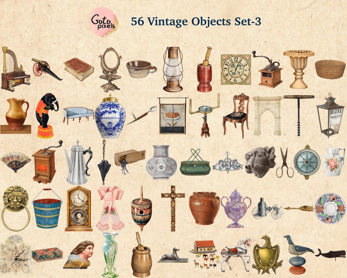 56 Old Things Clip Art Vintage Antique Objects and Overlays | Etsy