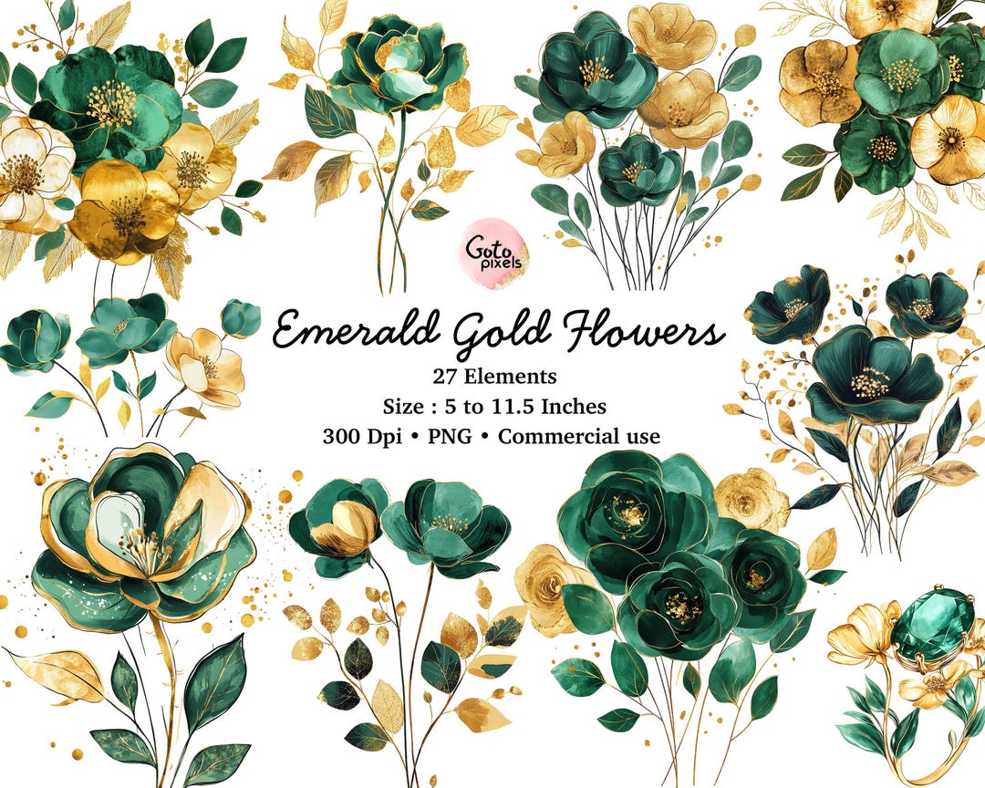 Emerald Gold Rose Clip Art: Watercolor Flower PNG (digital Download) - Etsy