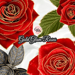 Red Rose Clip Art With Gold Glitter Rose, Digital Instant Download ...