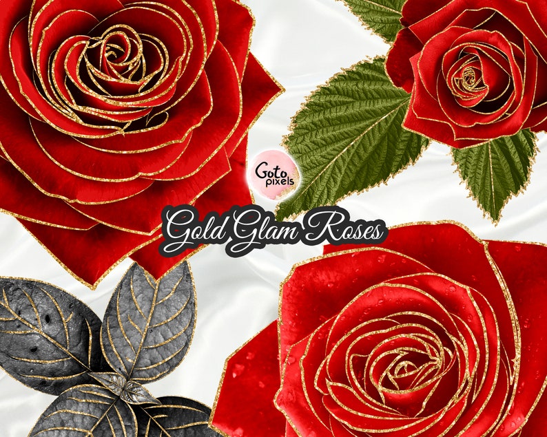 Red Rose Clip Art With Gold Glitter Rose Digital Instant - Etsy
