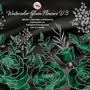 Emerald Rose Clipart: Watercolor Silver Glitter Flowers (digital ...