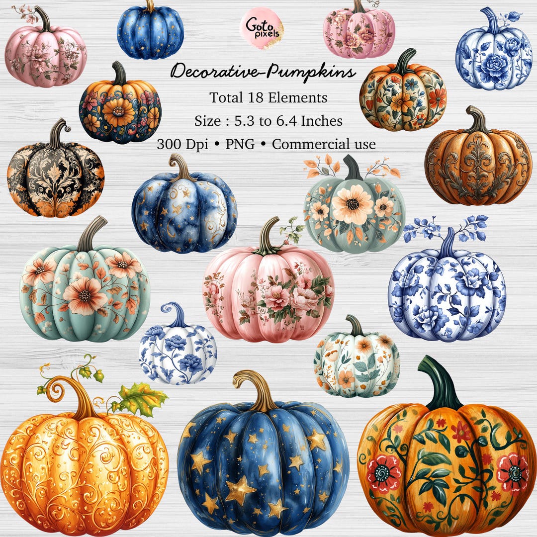 Decorative Pumpkins Clipart: Autumn PNG, Floral Pumpkins (digital ...