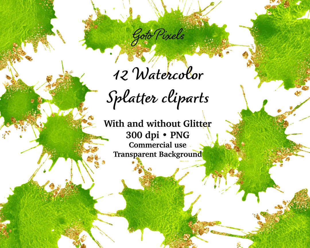 Lime Green Watercolor Splatter Clipart: Glitter Splash Backgrounds ...