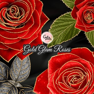 Red Rose Clip Art With Gold Glitter Rose, Digital Instant Download ...