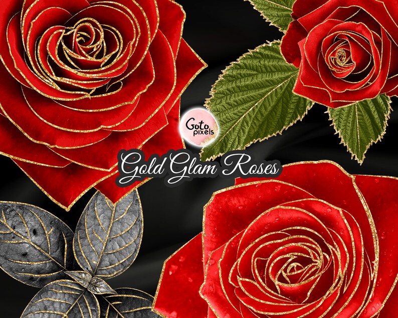 Red Rose Clip Art With Gold Glitter Rose Digital Instant - Etsy