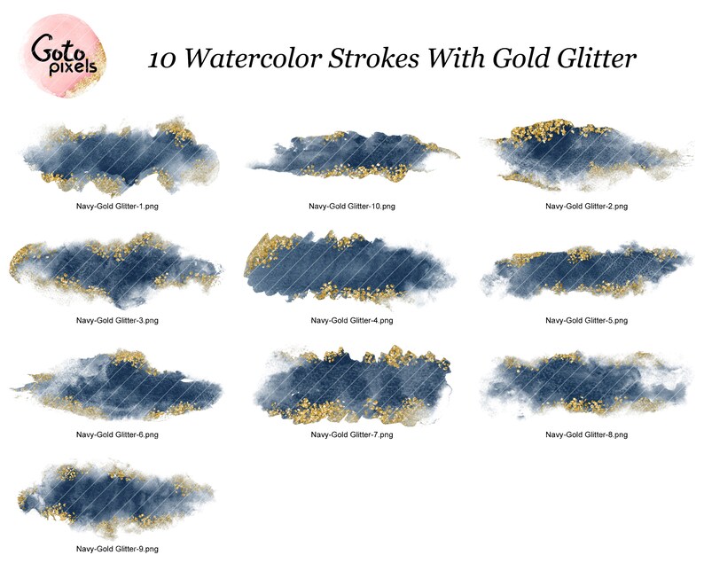Navy Watercolor Brush Stroke Clipart: Gold & Silver Glitter (digital ...