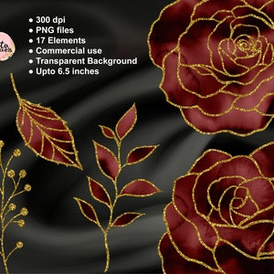 Burgundy Watercolor and Gold Glam Rose Clip Art, Digital Instant ...