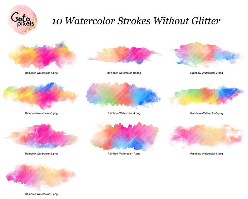 Rainbow Watercolor Brush Strokes Clipart: Gold Glitter Splash (digital ...