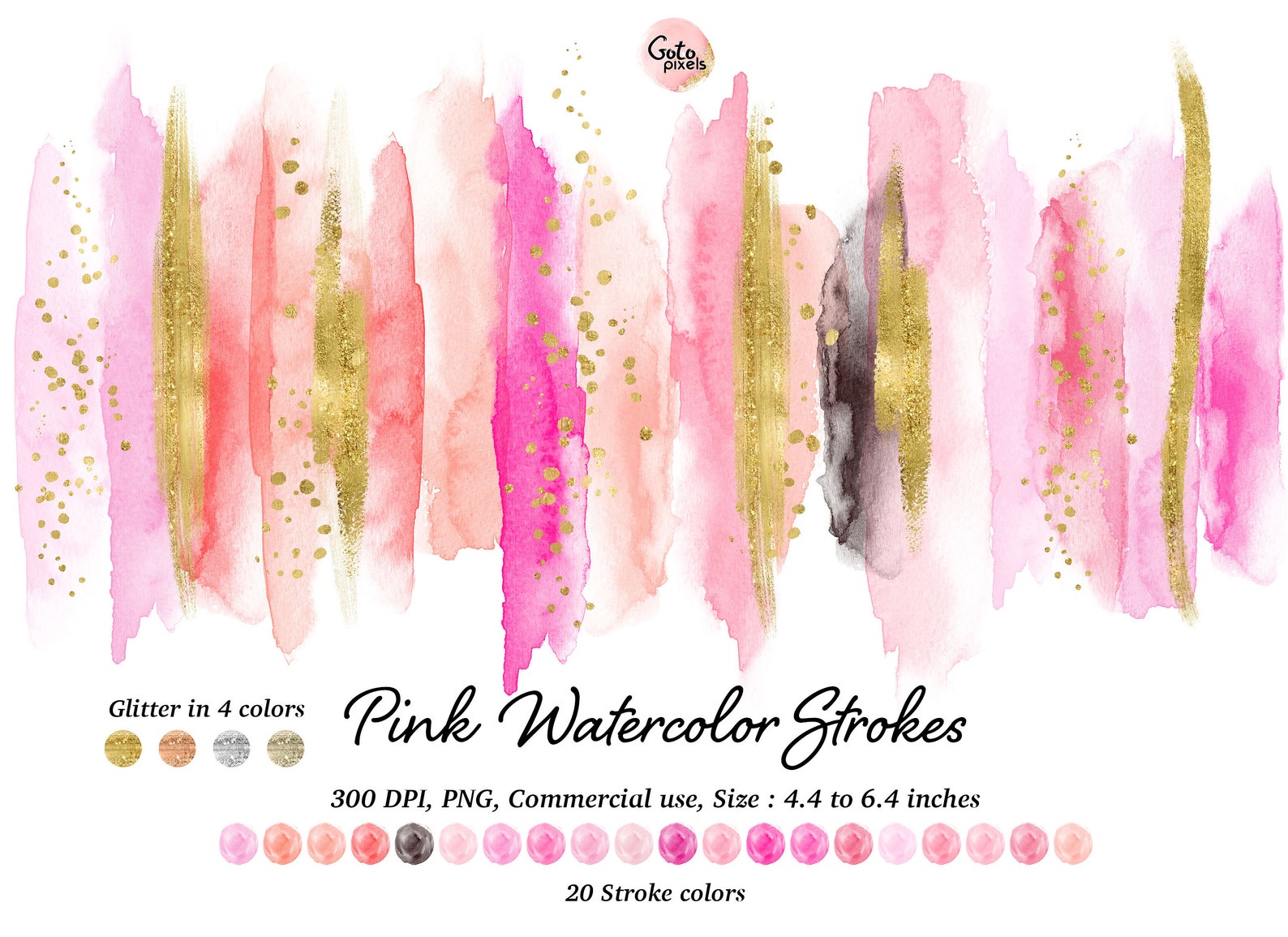 Pink Watercolor Brush Strokes Clipart Pink and Gold - Etsy