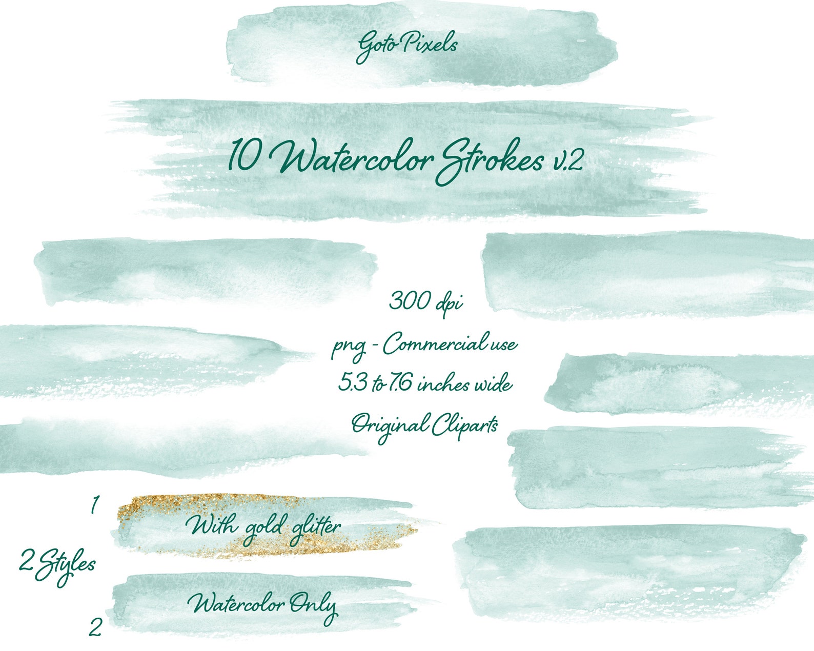 Aqua Watercolor Brush Strokes Clipart: Gold Glitter Splash (PNG Digital ...