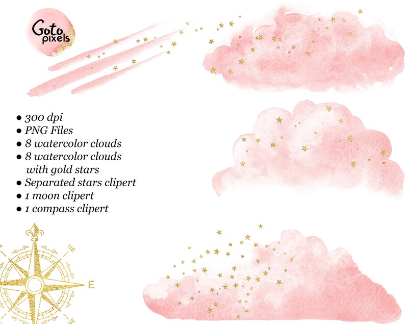 Pink Watercolor Clouds Clipart With Gold Stars Glitter Clouds | Etsy