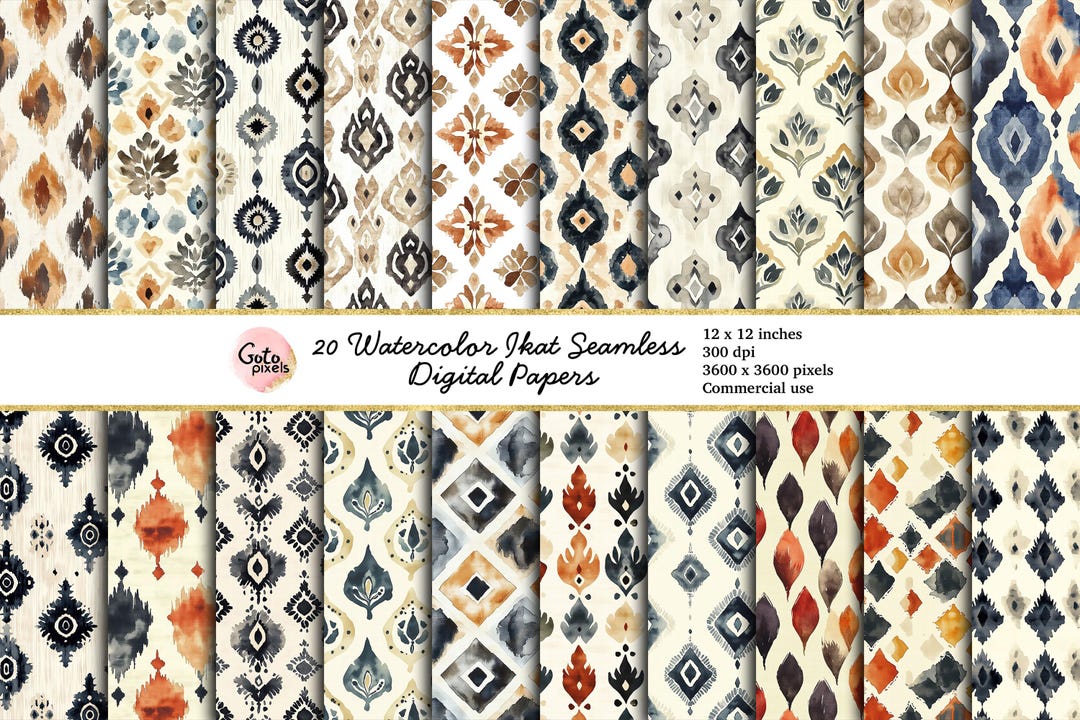 Watercolor Ikat Digital Paper: Seamless Sublimation Patterns (digital ...