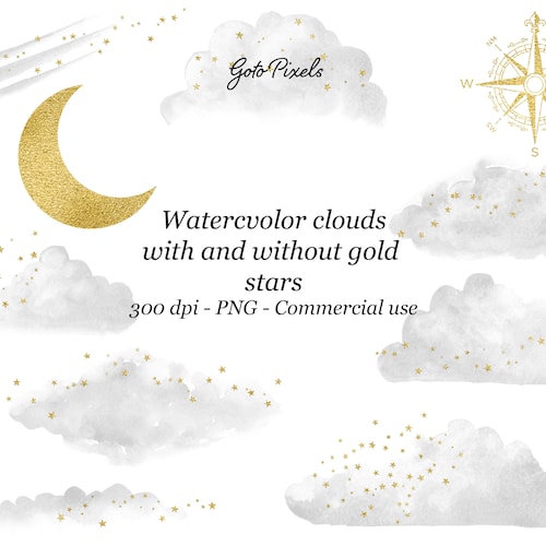 Pink Watercolor Clouds Clipart With Gold Stars Glitter Clouds - Etsy