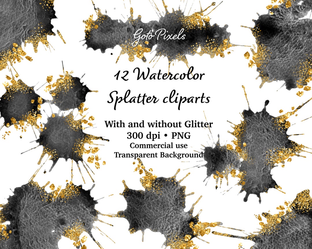 Black Watercolor Splatter Clipart, Splashes and Splotches Clip Art ...