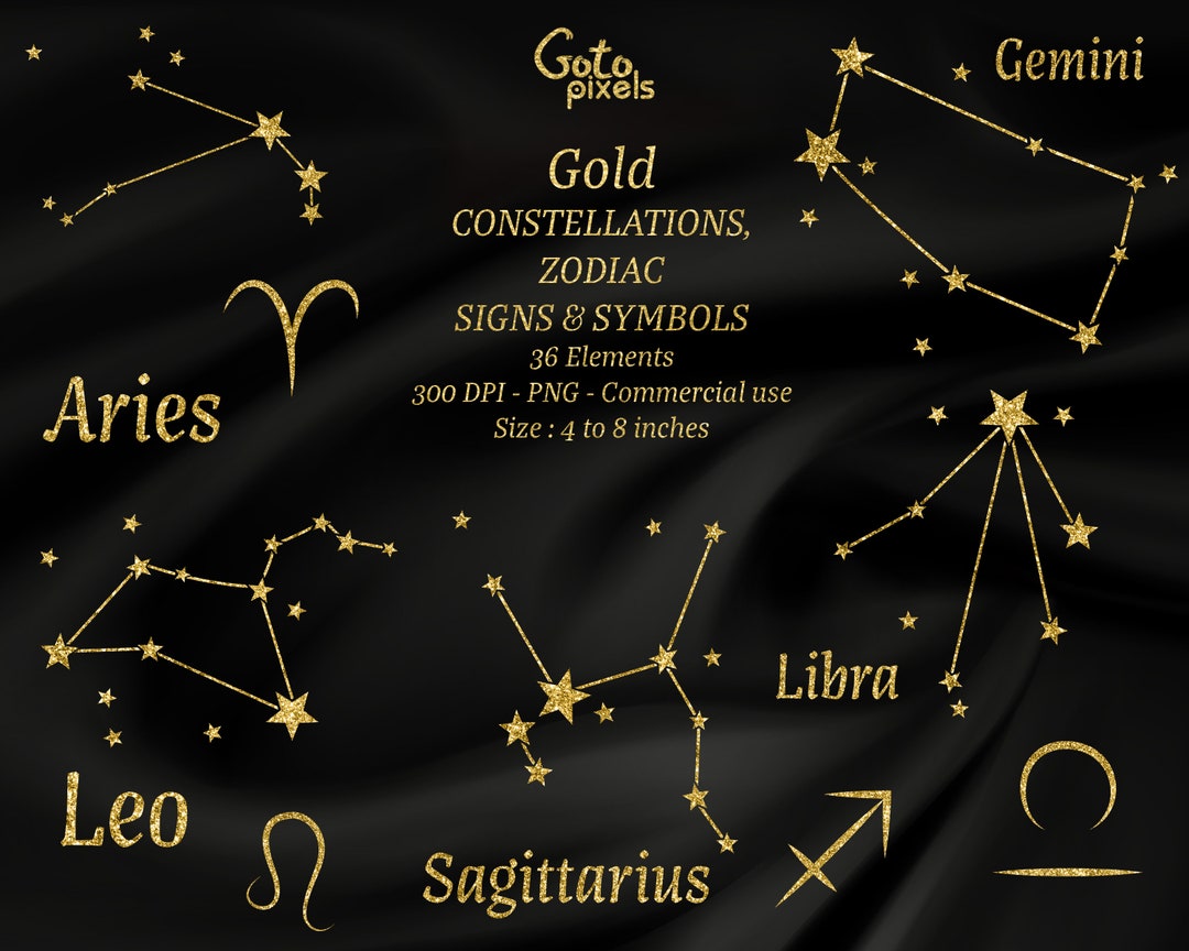 Gold Glitter Zodiac Constellations Clipart: Celestial PNG (digital ...
