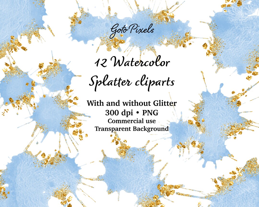 Blue Watercolor Splash Clipart With Gold Glitter, Watercolor ...