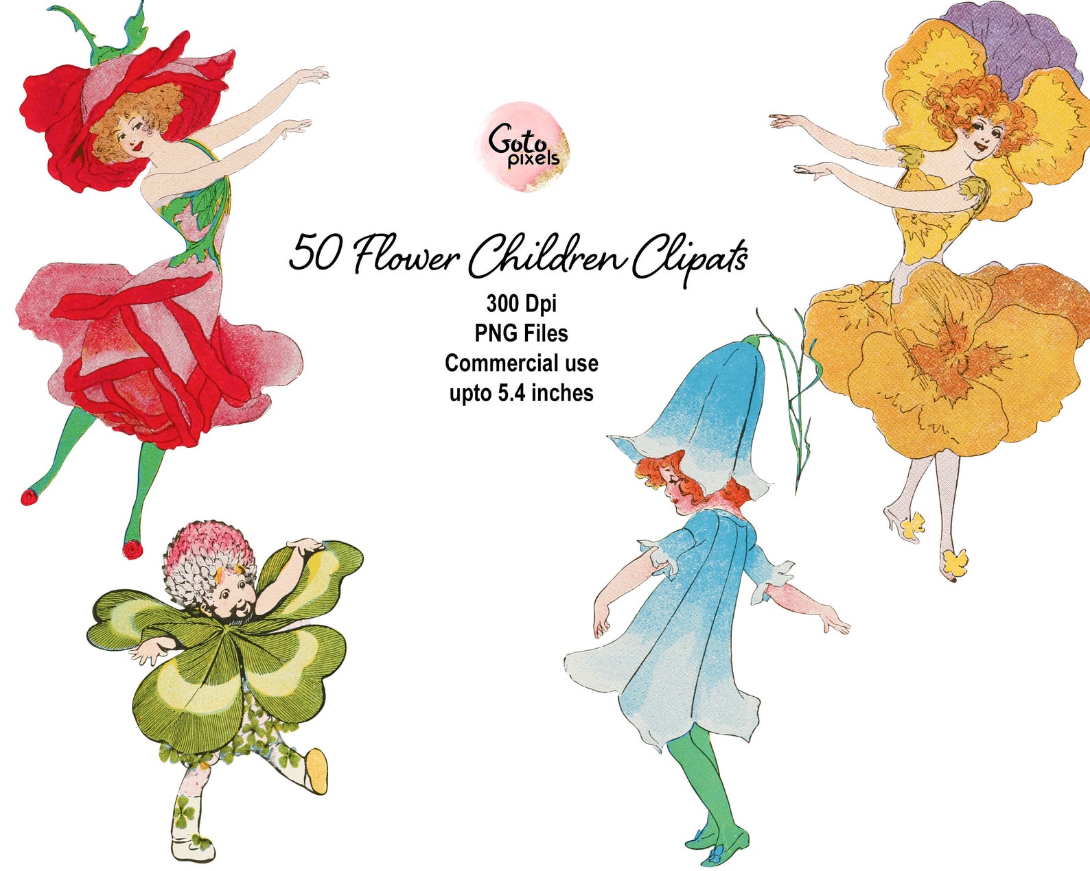 50 Vintage Flower Children Cliparts PNG Files Circa 1910 by - Etsy