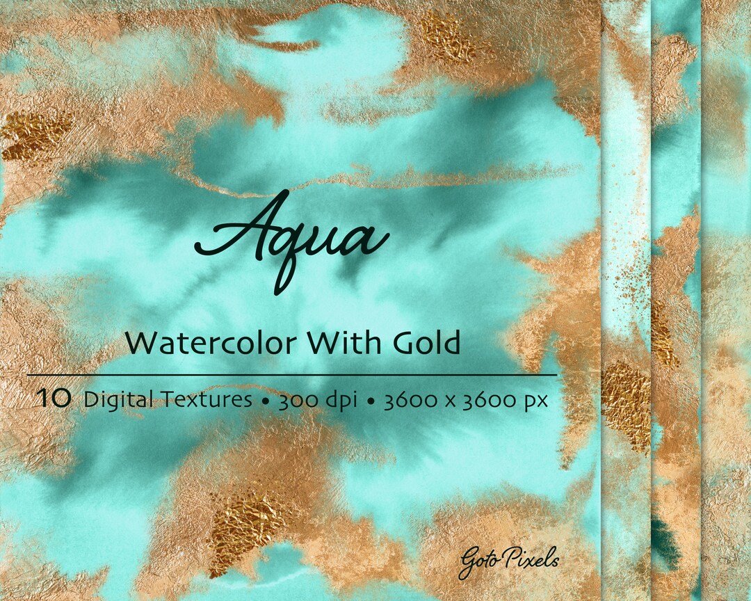 Aqua Digital Papers With Gold Foil, Watercolor Digital Paper Clipart ...