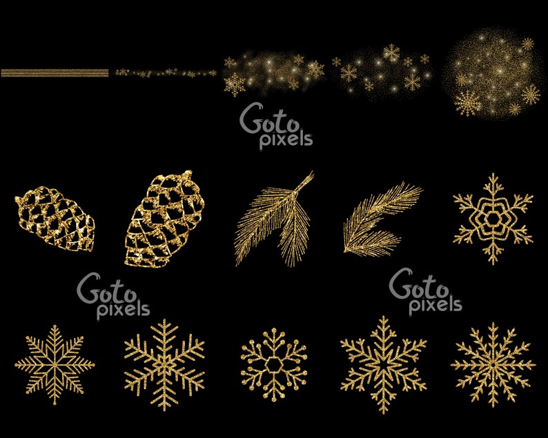 Merry Christmas Gold Glitter Snowflakes Clipart PNG Winter | Etsy